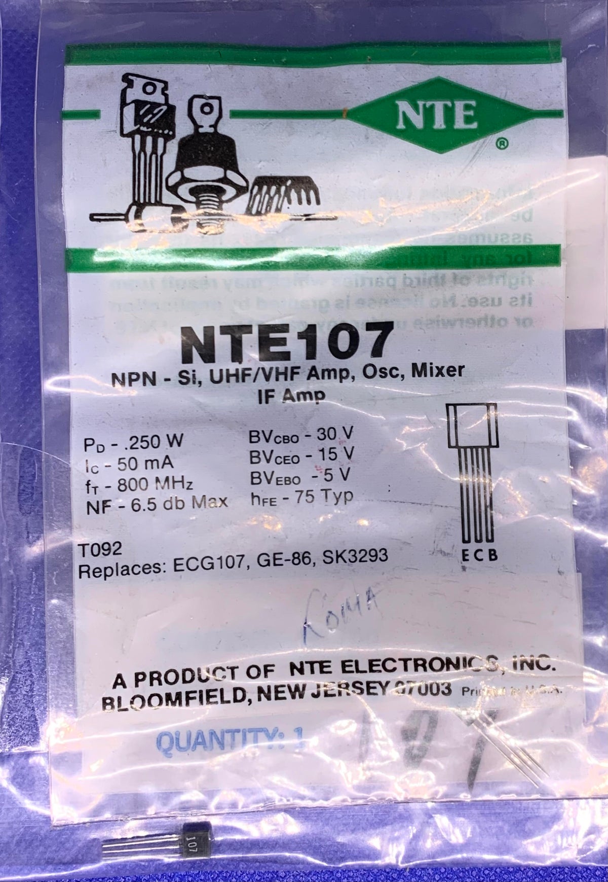 2pc NTE107 BIPOLAR TRANSISTOR NPN 12V TO-92 (replaces SK3293, ECG107,