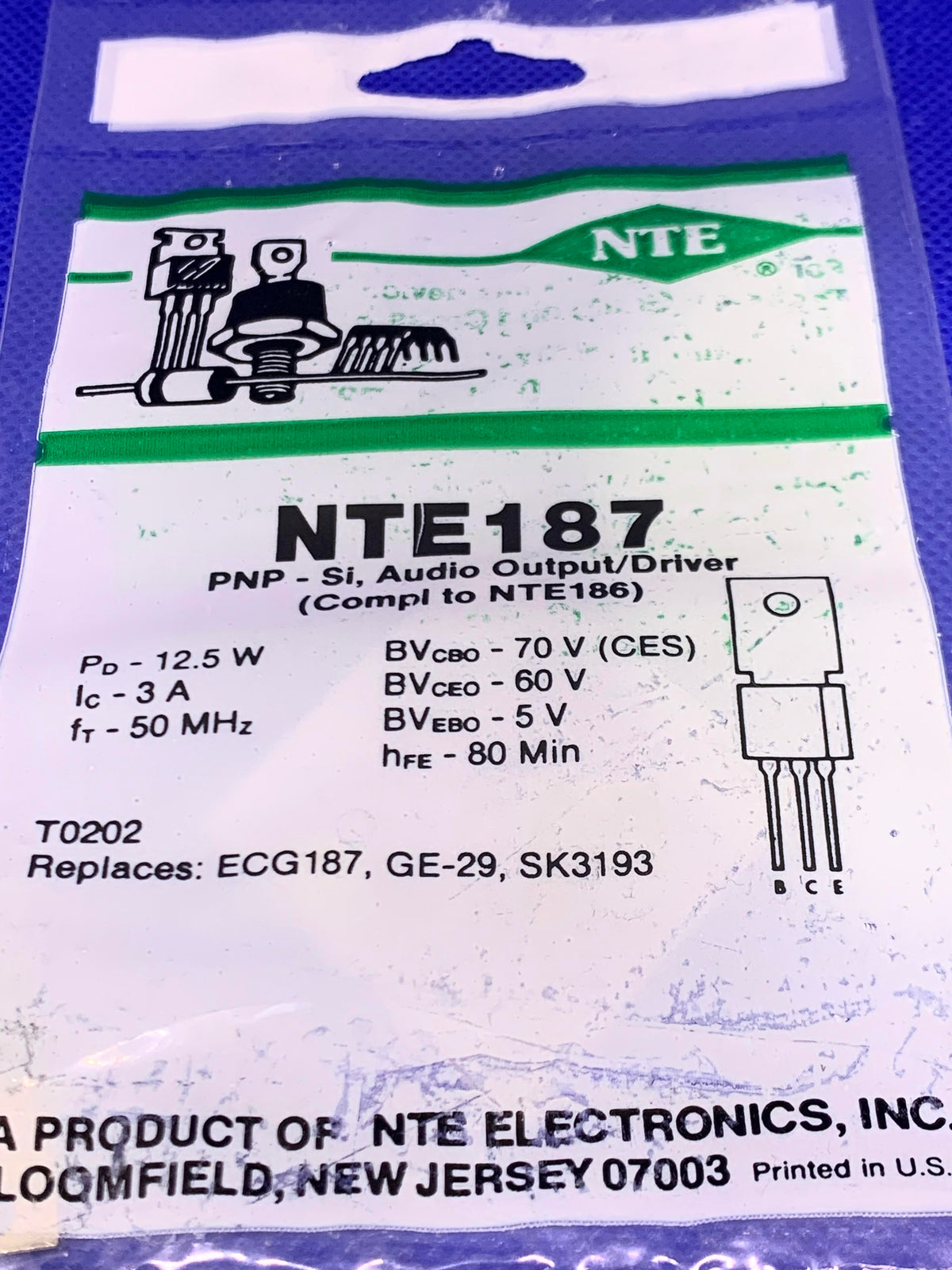 NTE187 60V 3A TO-202 TRANSISTOR POLARITY PNP (replaces ECG187, GE-29 ...